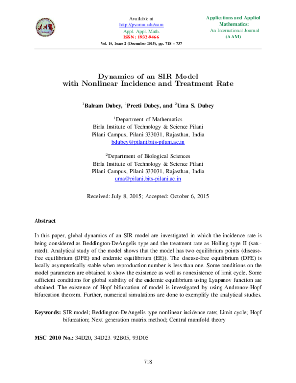 (PDF) Dynamics of an SIR Model with Nonlinear Incidence and Treatment Rate