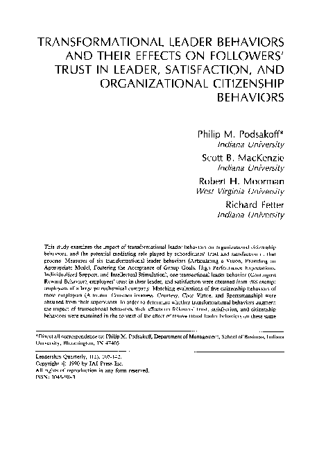 (PDF) Transformational leader behaviors and their effects on followers' trust in leader ...