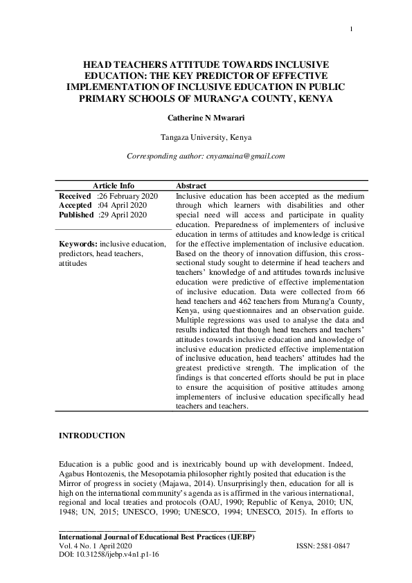 (PDF) Head Teachers Attitude towards Inclusive Education the Key Predictor of Effective ...