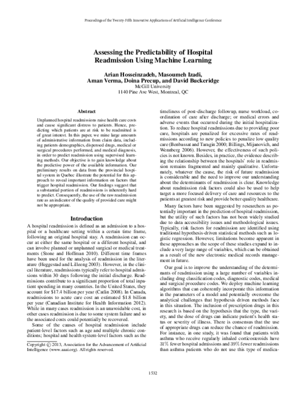 (PDF) Assessing the Predictability of Hospital Readmission Using Machine Learning