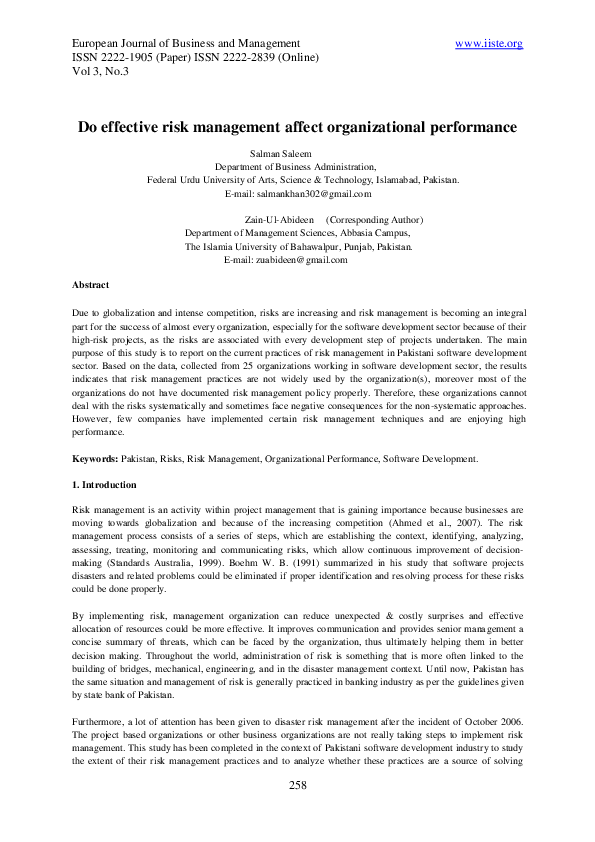 (PDF) Do effective risk management affect organizational performance