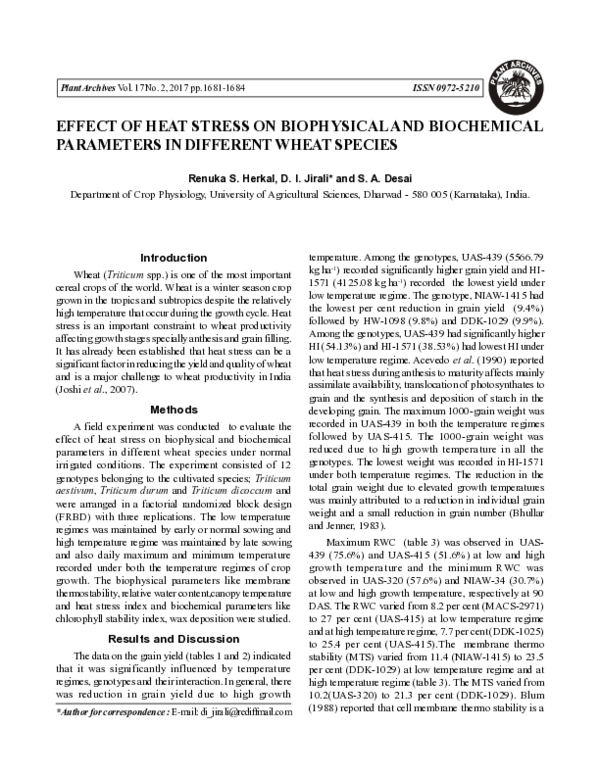 (PDF) EFFECT OF HEAT STRESS ON BIOPHYSICAL AND BIOCHEMICAL PARAMETERS IN DIFFERENT WHEAT SPECIES