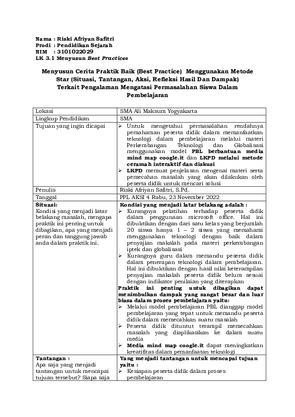 (PDF) Best Practice PPG Daljab Kategori 2 Tahun 2022 | Riski Afriyan S ...