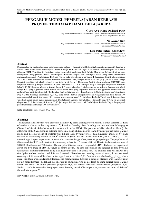 (PDF) PENGARUH MODEL PEMBELAJARAN BERBASIS PROYEK TERHADAP HASIL BELAJAR IPA
