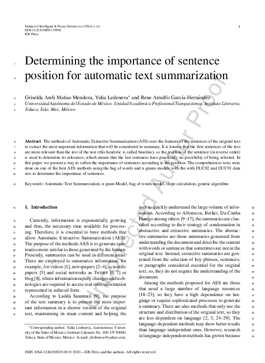 Pdf Determining The Importance Of Sentence Position For Automatic