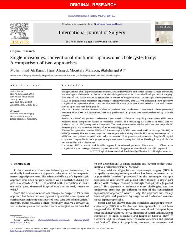(PDF) Single incision vs. conventional multiport laparoscopic cholecystectomy: A comparison of ...