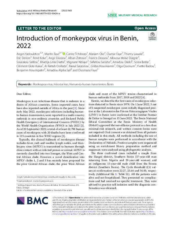 (PDF) Introduction of monkeypox virus in Benin, 2022