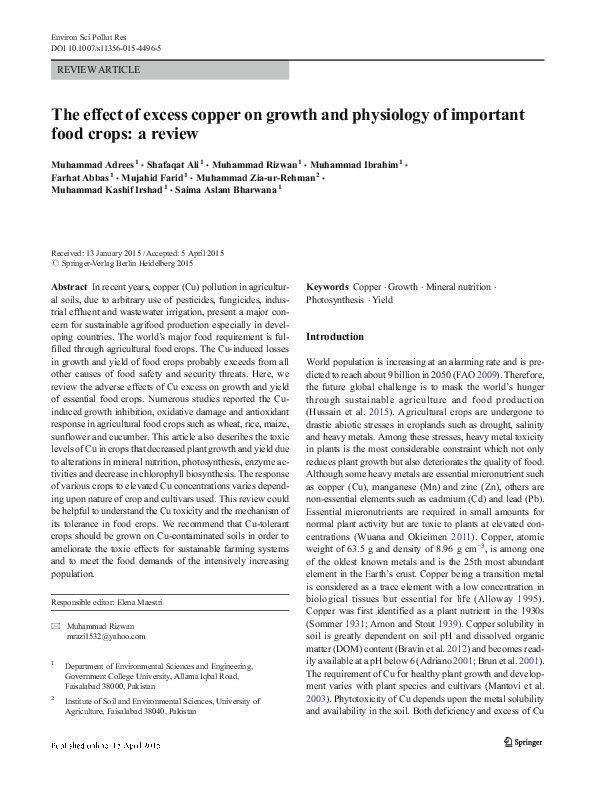 (PDF) The effect of excess copper on growth and physiology of important ...