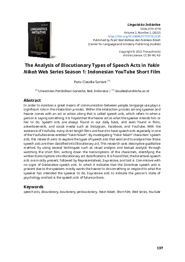 (PDF) The Analysis of Illocutionary Types of Speech Acts in Yakin Nikah Web Series Season 1 ...