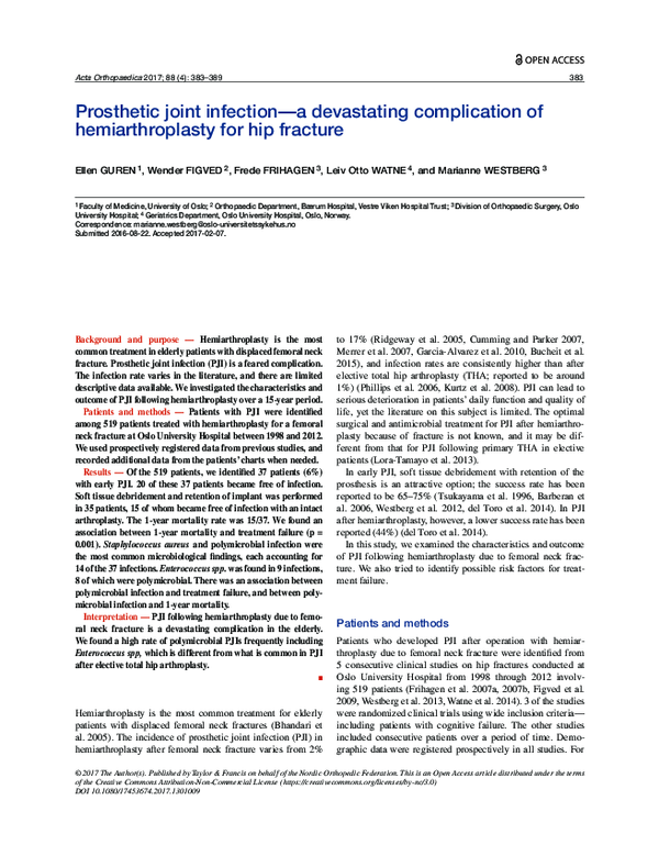 (PDF) Prosthetic joint infection-a devastating complication of hemiarthroplasty for hip fracture