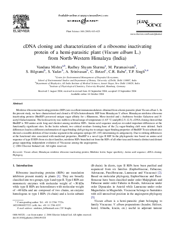 (PDF) cDNA cloning and characterization of a ribosome inactivating protein of a hemi-parasitic ...