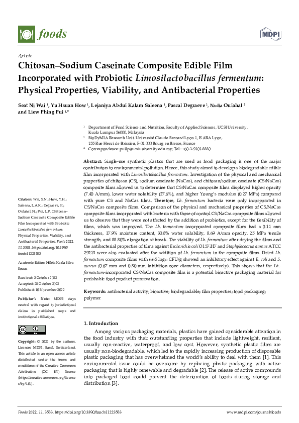 (PDF) Chitosan–Sodium Caseinate Composite Edible Film Incorporated with ...