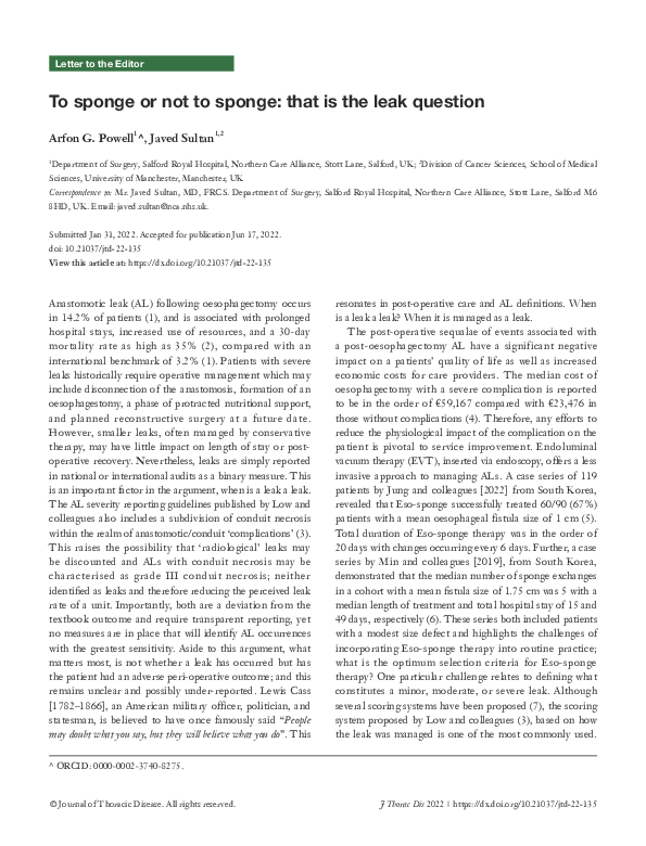 (PDF) To sponge or not to sponge: that is the leak question | javed ...
