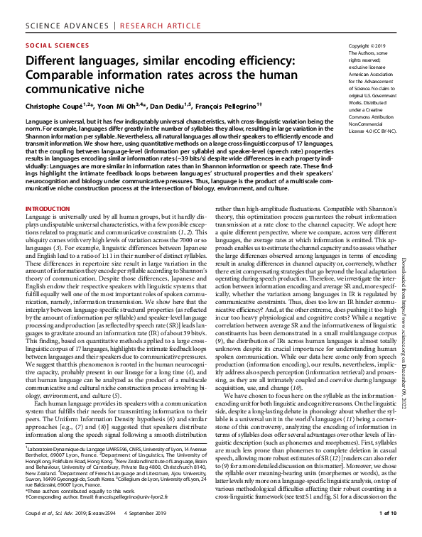 (PDF) Different languages, similar encoding efficiency: Comparable ...