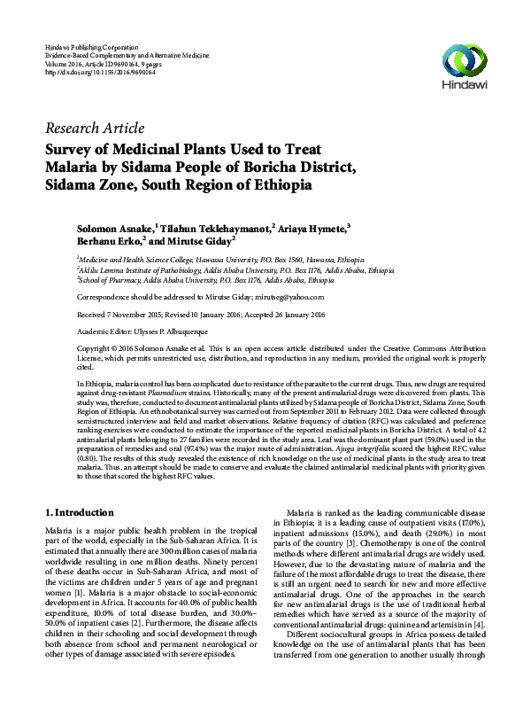 (PDF) Survey of Medicinal Plants Used to Treat Malaria by Sidama People of Boricha District ...