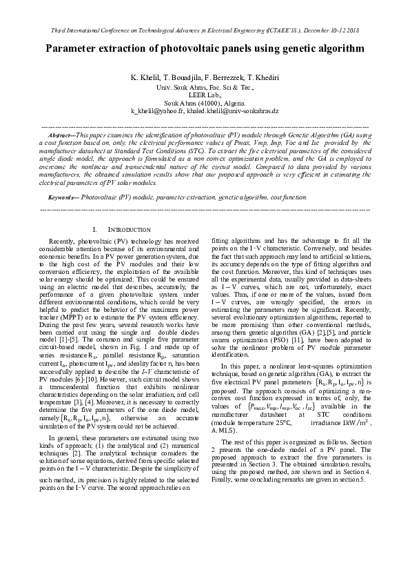 Pdf Parameter Extraction Of Photovoltaic Panels Using Genetic Algorithm