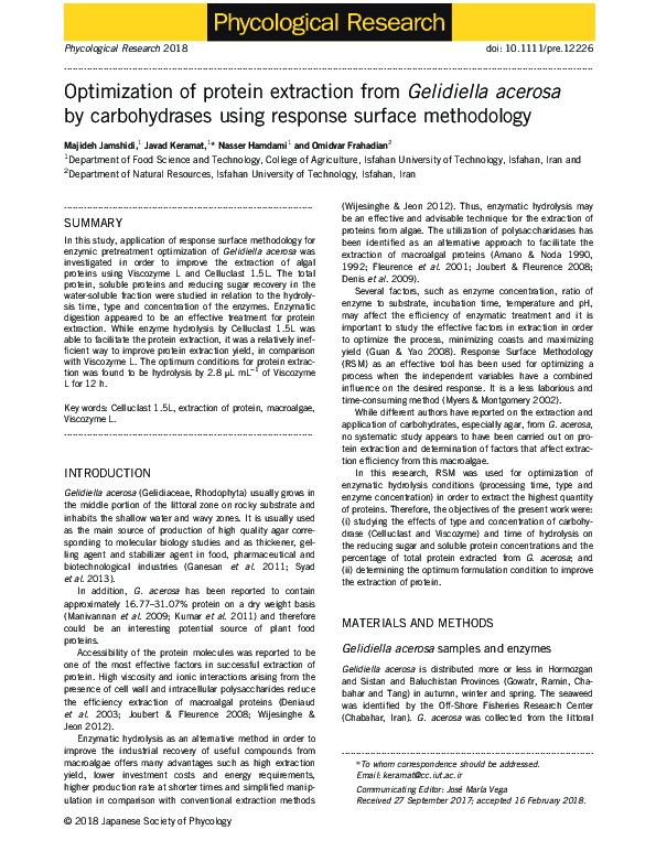 (PDF) Optimization of protein extraction fromGelidiella acerosaby ...