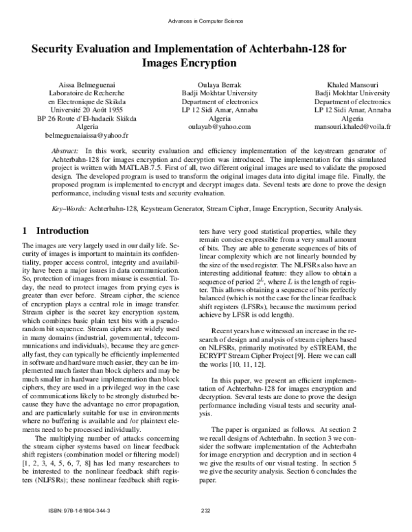 (PDF) Security Evaluation and Implementation of Achterbahn-128 for Images Encryption