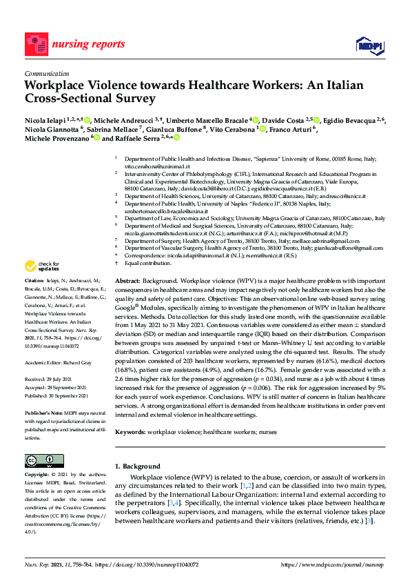 (PDF) Workplace Violence towards Healthcare Workers: An Italian Cross ...