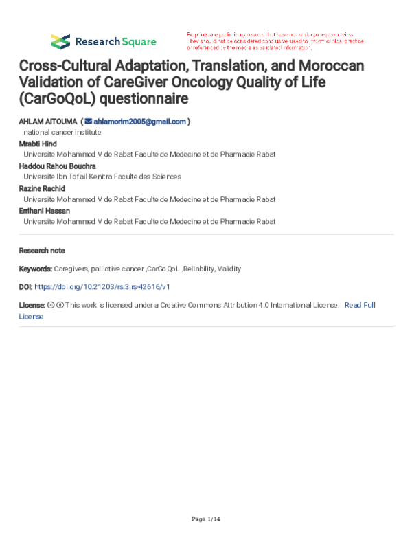 (PDF) Cross-Cultural adaptation, translation, and Moroccan validation of caregiver Oncology ...
