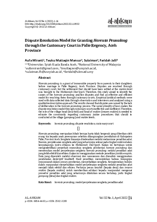 (PDF) Dispute Resolution Model for Granting Hareuta Peunulang through ...
