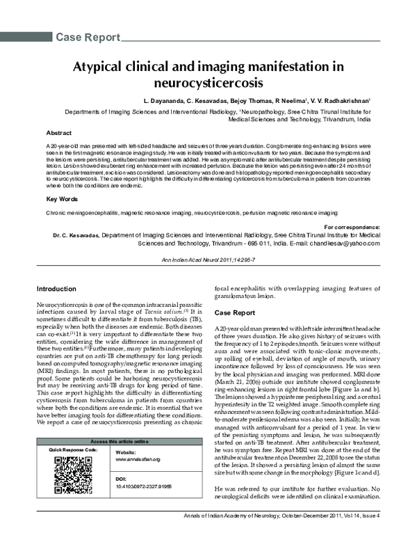 (PDF) Atypical clinical and imaging manifestation in neurocysticercosis
