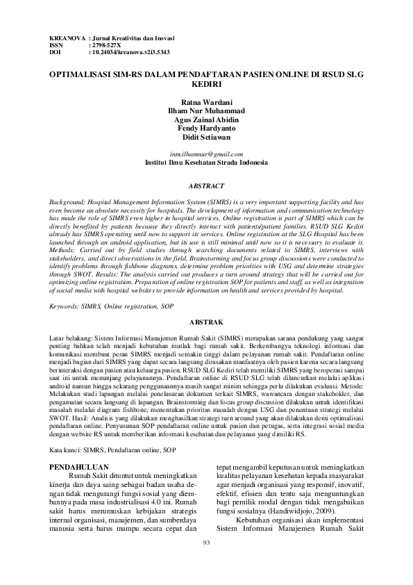 (PDF) Optimalisasi Sim-RS Dalam Pendaftaran Pasien Online DI Rsud SLG Kediri