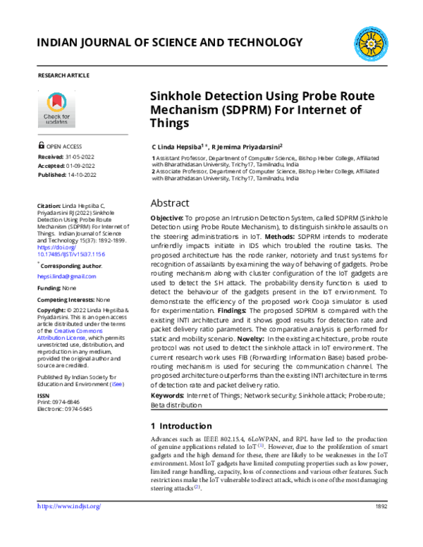 (PDF) Sinkhole Detection Using Probe Route Mechanism (SDPRM) For Internet of Things
