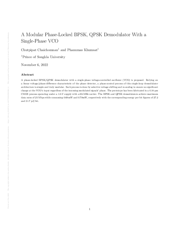 (PDF) A Modular Phase-Locked BPSK, QPSK Demodulator With a Single-Phase VCO