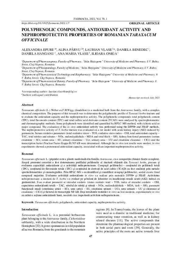 (PDF) Polyphenolic Compounds, Antioxidant Activity and Nephroprotective Properties of Romanian ...