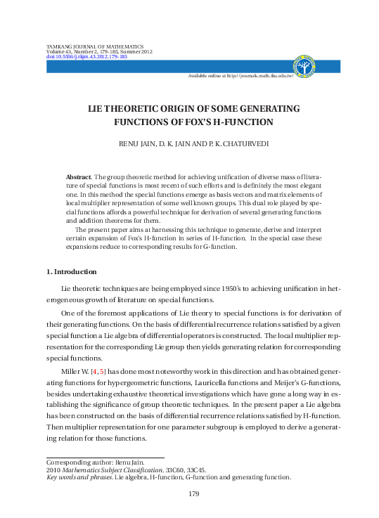 (PDF) Lie theoretic origin of some generating functions of Fox’s H-Function
