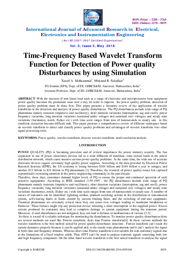 Pdf Time Frequency Based Wavelet Transform Function For Detection Of Power Quality