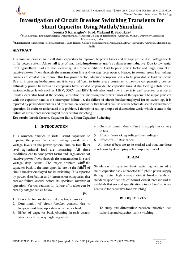 (PDF) Investigation of Circuit Breaker Switching Transients for Shunt Capacitor Using Matlab ...