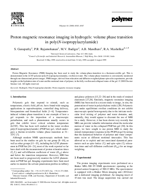 (PDF) Proton magnetic resonance imaging in hydrogels: volume phase ...