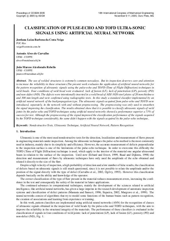 (PDF) Classification of Pulse-Echo and Tofd Ultra-Sonic Signals Using Artificial Neural Network