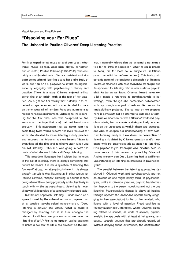(PDF) “Dissolving your Ear Plugs”: The Unheard in Pauline Oliveros ...