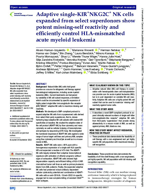 (PDF) Adaptive single-KIR+NKG2C+NK cells expanded from select ...