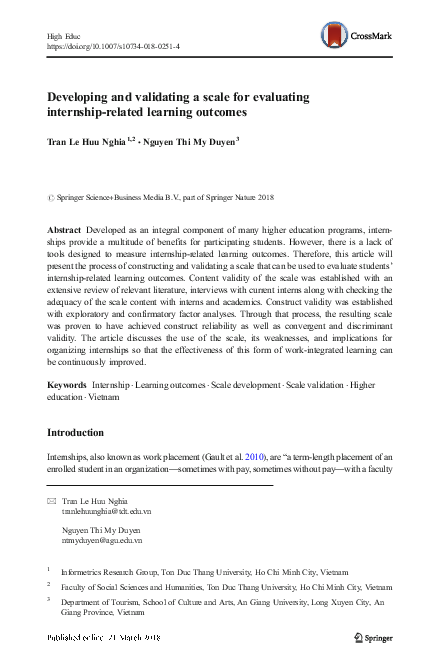 Pdf Developing And Validating A Scale For Evaluating Internship Related Learning Outcomes