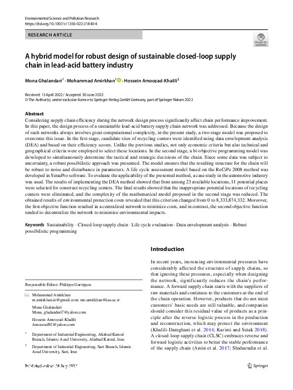 (PDF) A hybrid model for robust design of sustainable closed-loop supply chain in lead-acid ...