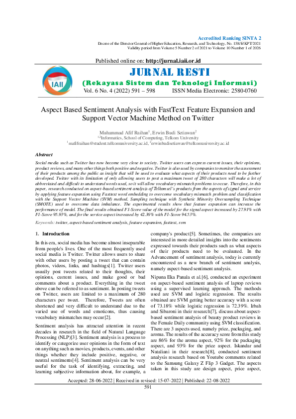 (PDF) Aspect Based Sentiment Analysis with FastText Feature Expansion and Support Vector Machine ...
