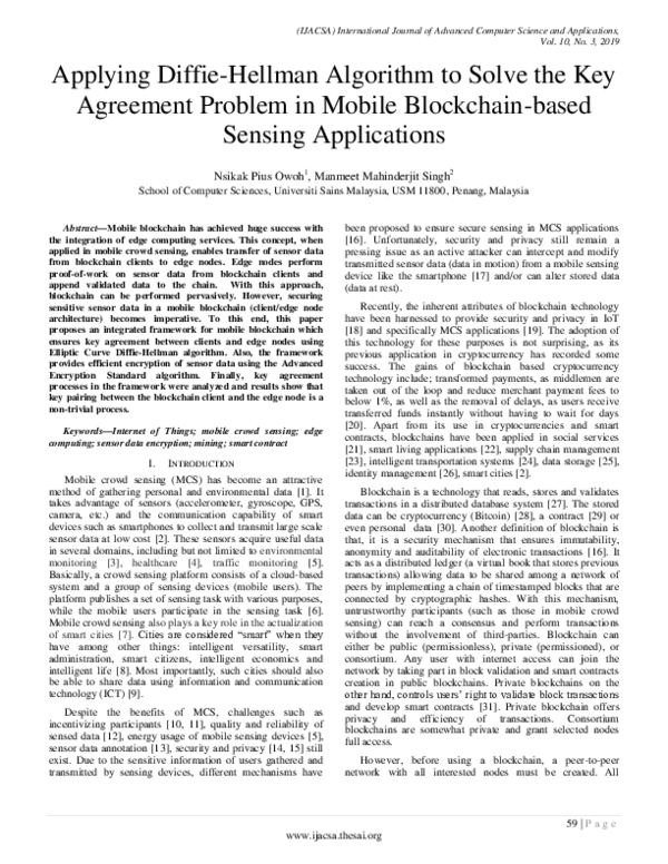(PDF) Applying Diffie-Hellman Algorithm to Solve the Key Agreement Problem in Mobile Blockchain ...