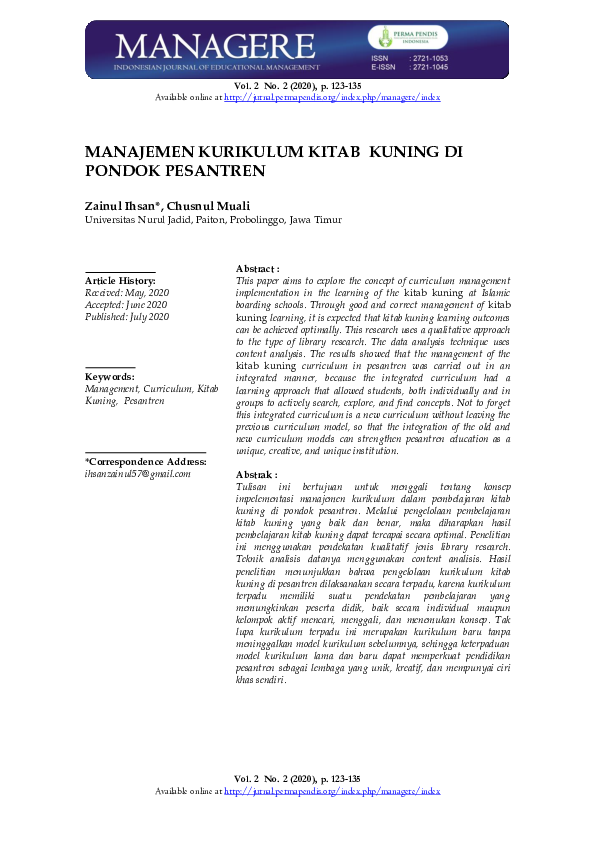 (PDF) Manajemen Kurikulum Kitab Kuning DI Pondok Pesantren