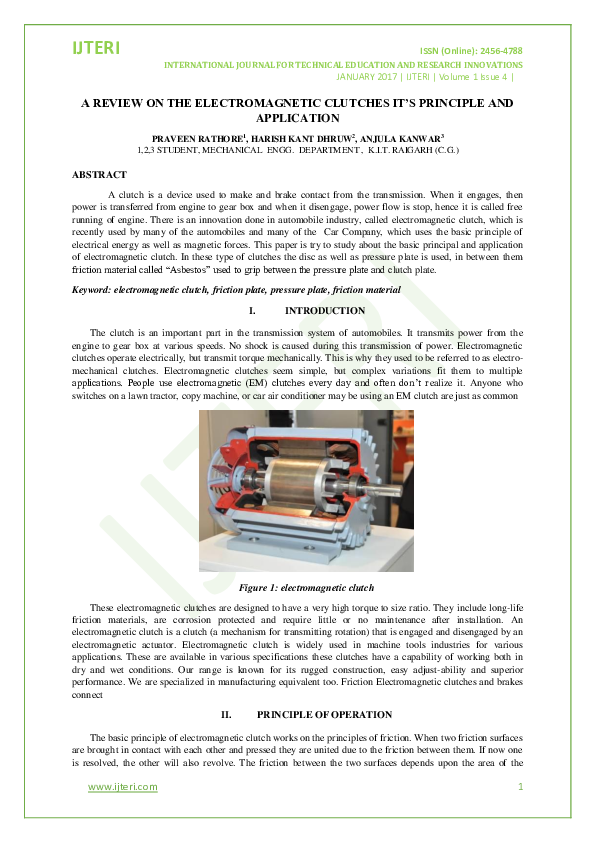 (PDF) IJTERI ISSN (Online): 2456-4788 A REVIEW ON THE ELECTROMAGNETIC CLUTCHES IT'S PRINCIPLE ...