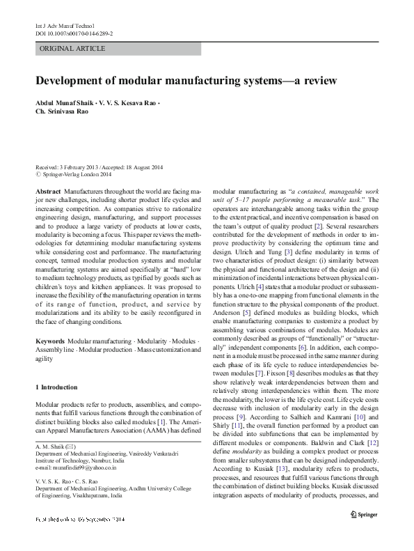Pdf Development Of Modular Manufacturing Systems—a Review