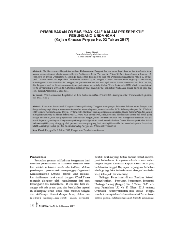 (PDF) PEMBUBARAN ORMAS “RADIKAL” DALAM PERSEPEKTIF PERUNDANG-UNDANGAN (Kajian Khusus Perppu No ...