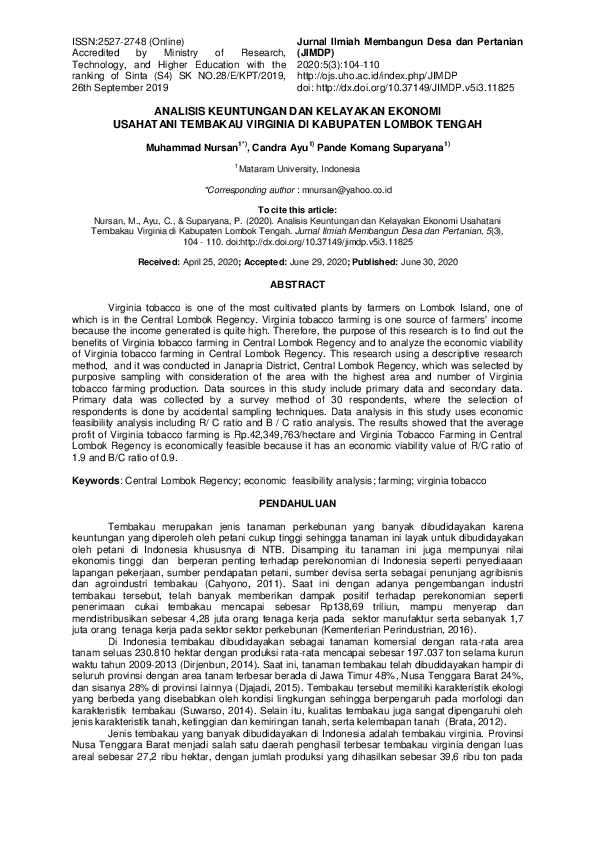 (PDF) Analisis Keuntungan dan Kelayakan Ekonomi Usahatani Tembakau ...
