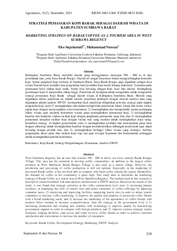 (PDF) Strategi Pemasaran Kopi Rarak Sebagai Daerah Wisata DI Kabupaten ...