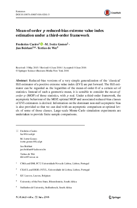 Pdf Mean Of Order P Reduced Bias Extreme Value Index Estimation Under A Third Order Framework