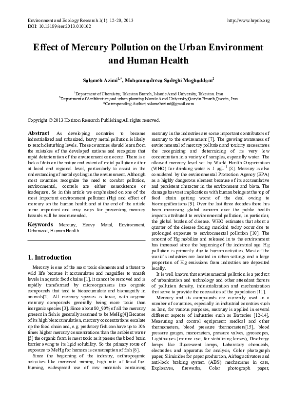 (PDF) Effect of Mercury Pollution on the Urban Environment and Human Health