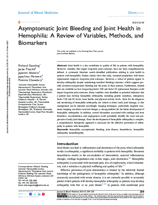 (PDF) Asymptomatic Joint Bleeding and Joint Health in Hemophilia: A ...